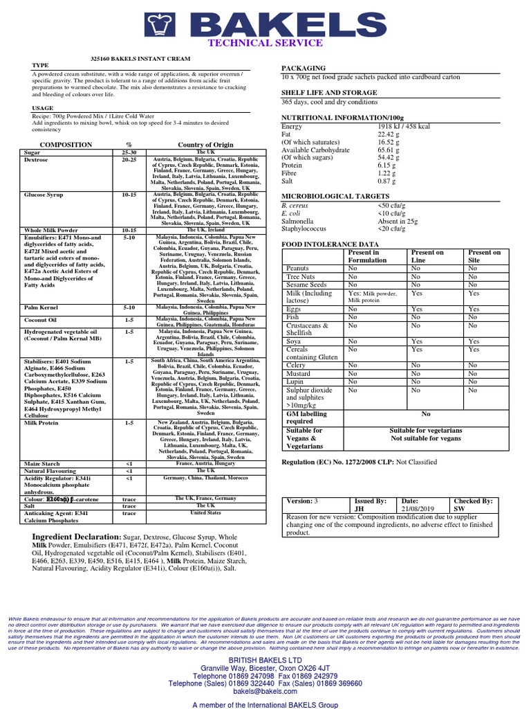 325160v3 Bakels Instant Cream | PDF | Coconut Oil | Glucose