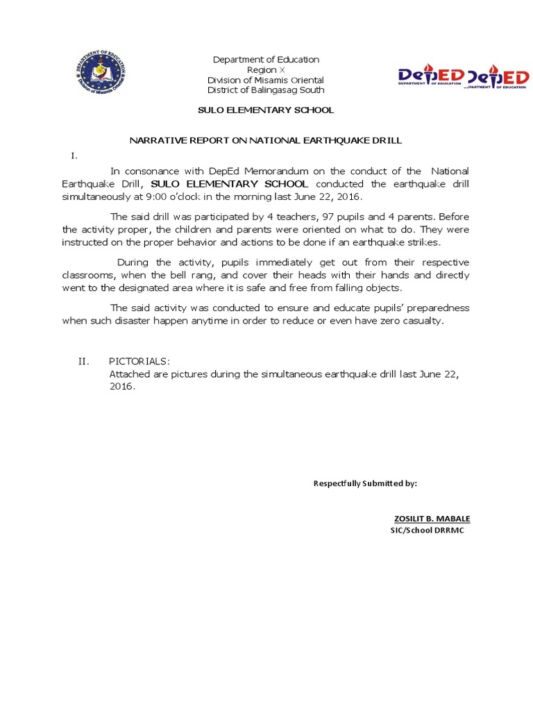 EARTHQUAKE DRILL Narrative 2016 | PDF