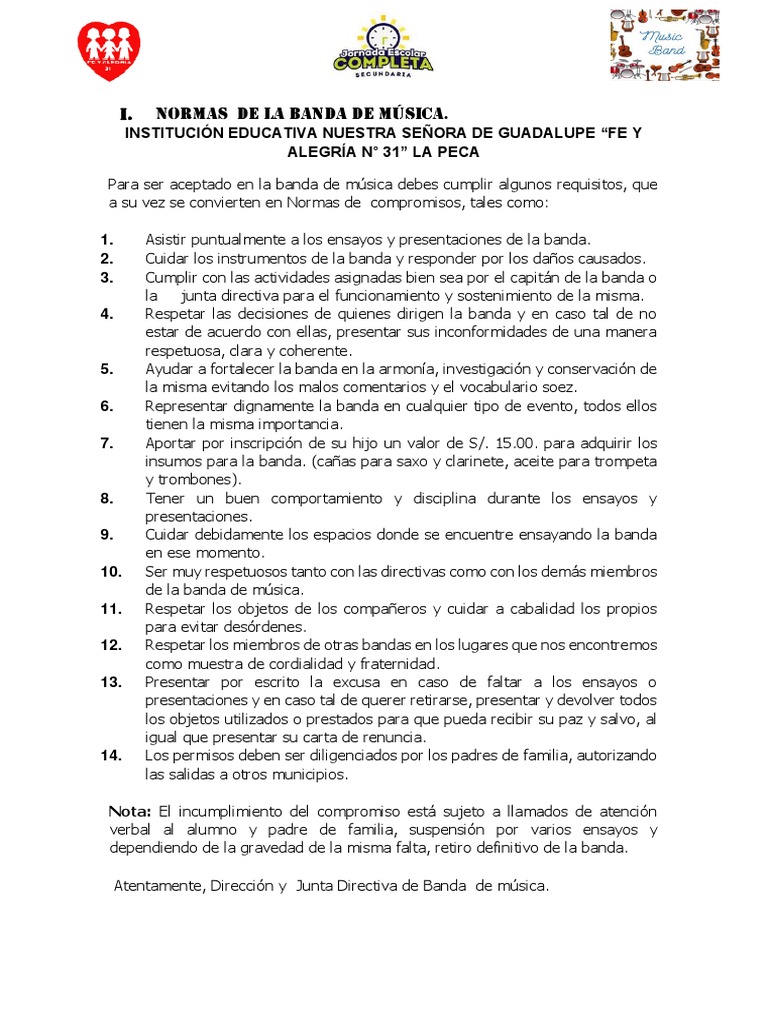 Normas DE LA BANDA DE MÚSICA | PDF | Instrumentos musicales | Aerófonos