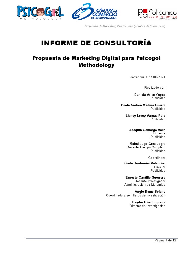 Formato para Informe Final Consultoria en Marketing Digital - Trabajo Final | PDF | Marketing ...