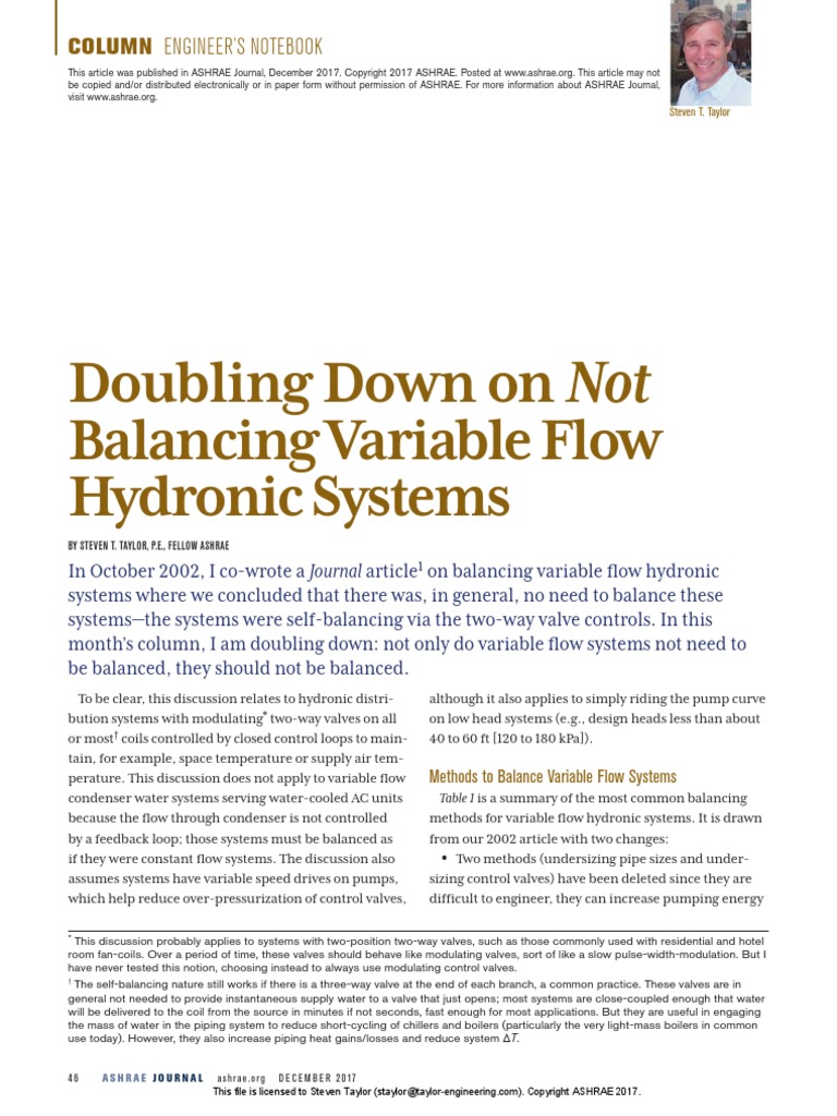 ASHRAE Journal - Doubling-Down On NOT Balancing Variable Flow Hydronic ...