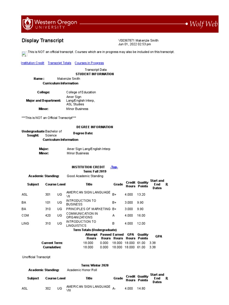 Academic Transcript | PDF | Bachelor's Degree | American Sign Language