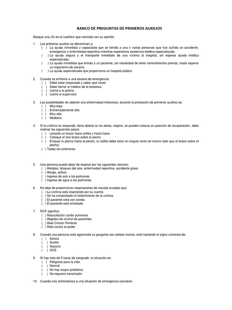 Banco de Preguntas de Primeros Auxilios | PDF | Emergencias Médicas | Especialidades Medicas