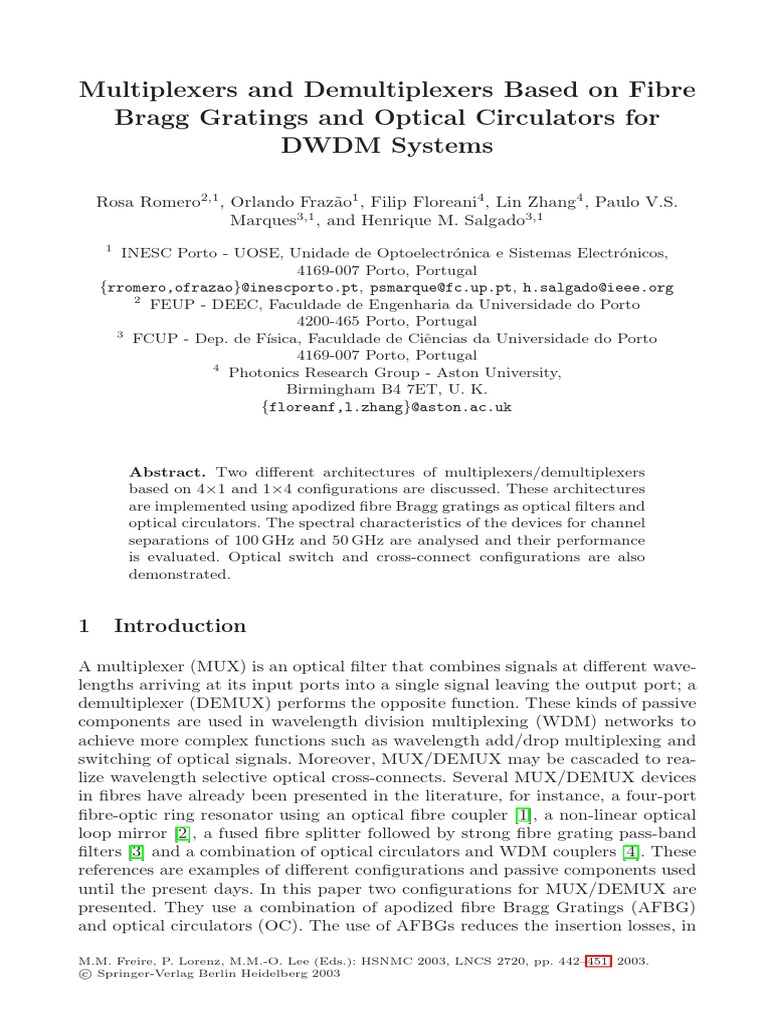Multiplexers and Demultiplexers Based On Fibre Bragg Gratings and ...