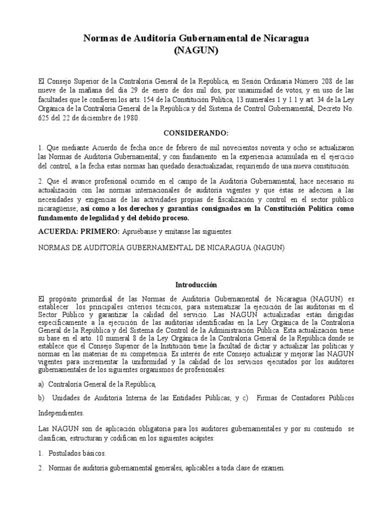 Normas de Auditoría Gubernamental de Nicaragua (NAGUN) | PDF ...