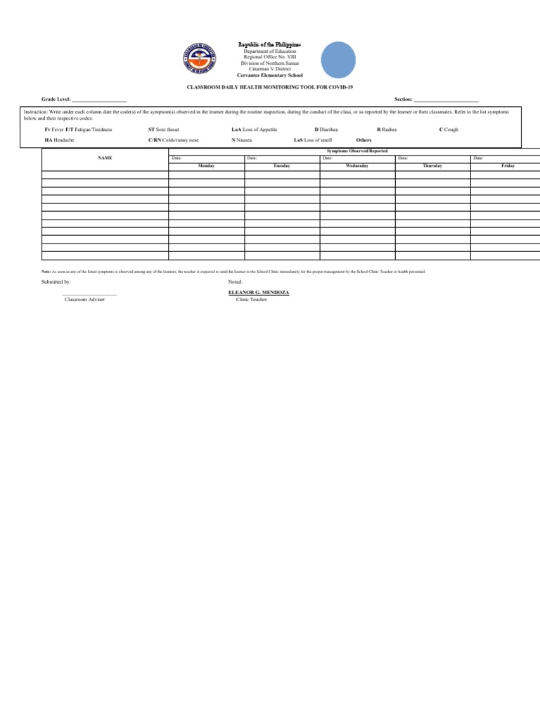 Classroom Daily Health Monitoring Tool | PDF | Common Cold | Diseases ...