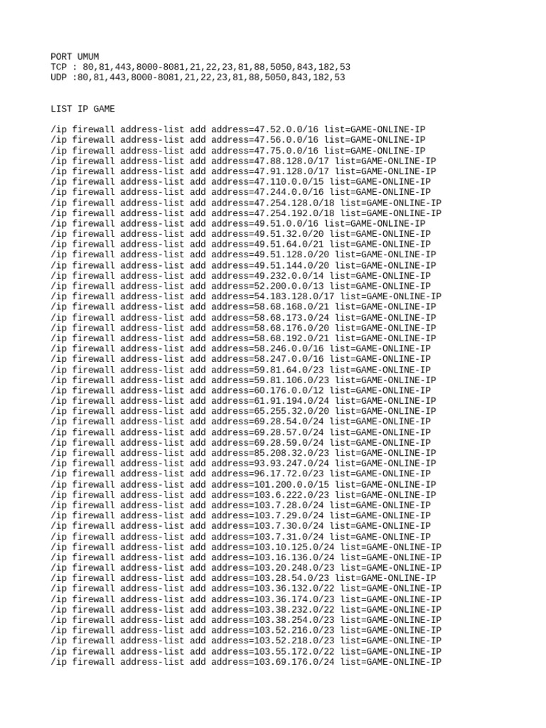 Mikrotik IP Address List for Games | PDF | Internet Protocols ...