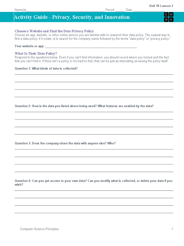 Privacy and Innovation Activity Guide | PDF | Privacy | Internet Privacy