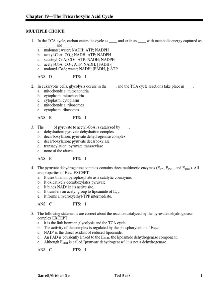 TCA Cycle Multiple Choice Questions | PDF | Chemistry | Diet & Nutrition