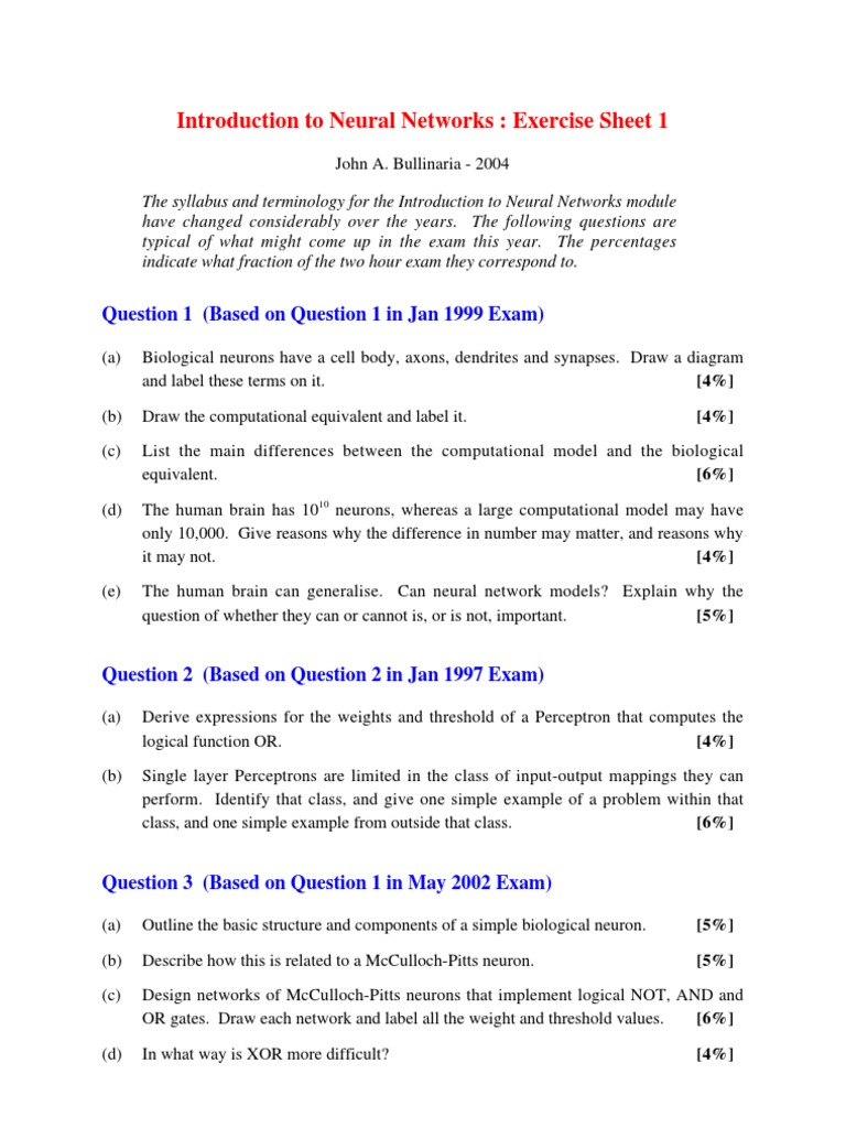 Introduction To Neural Networks: Exercise Sheet 1: Question 1 (Based On Question 1 in Jan 1999 ...