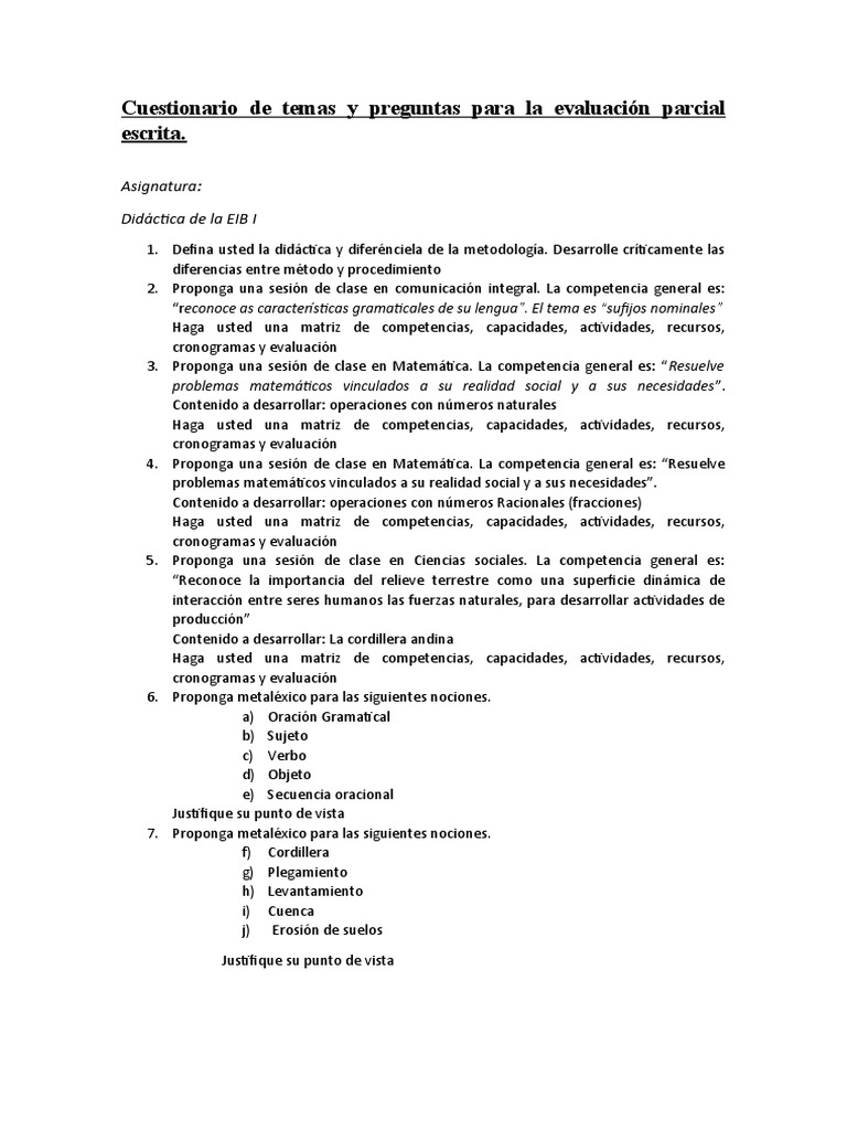 Cuestionario de Temas y Preguntas para La Evaluación Parcial Escrita ...