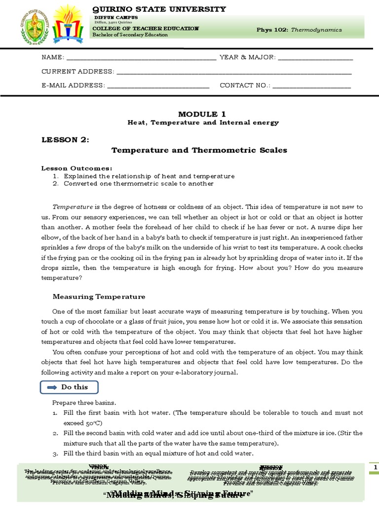 Phys 102 M1L 2 Temperature and Thermometric Scales | PDF | Temperature ...