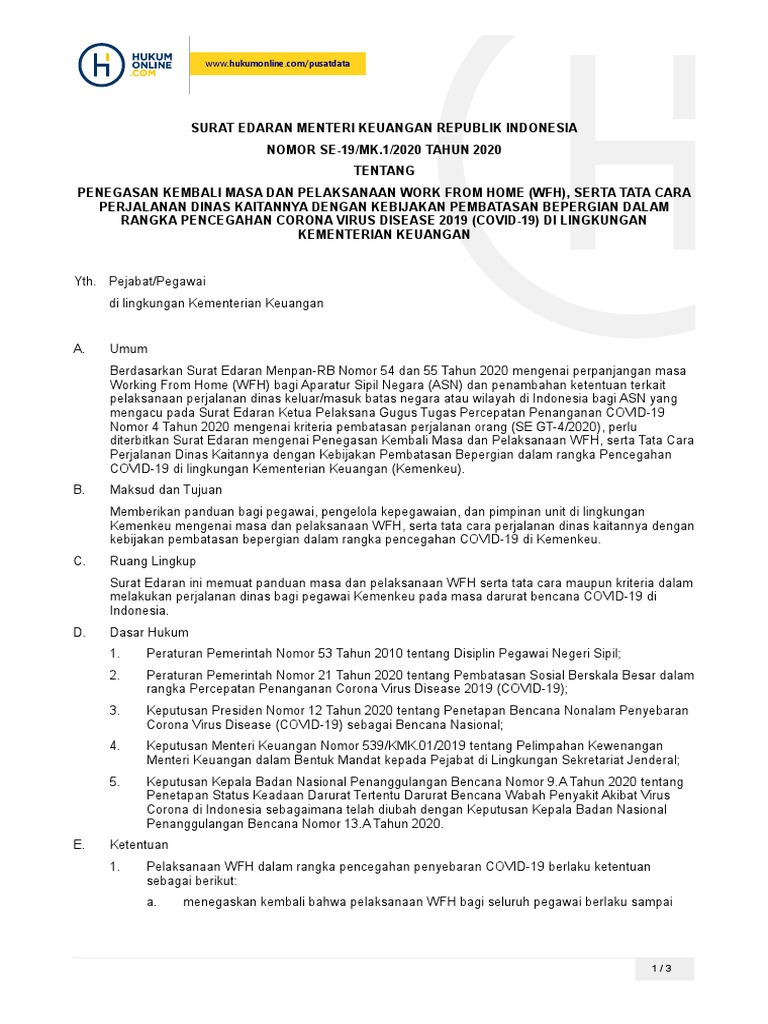 Surat Edaran Menteri Keuangan Nomor Se 19 MK 1 2020 Tahun 2020 | PDF