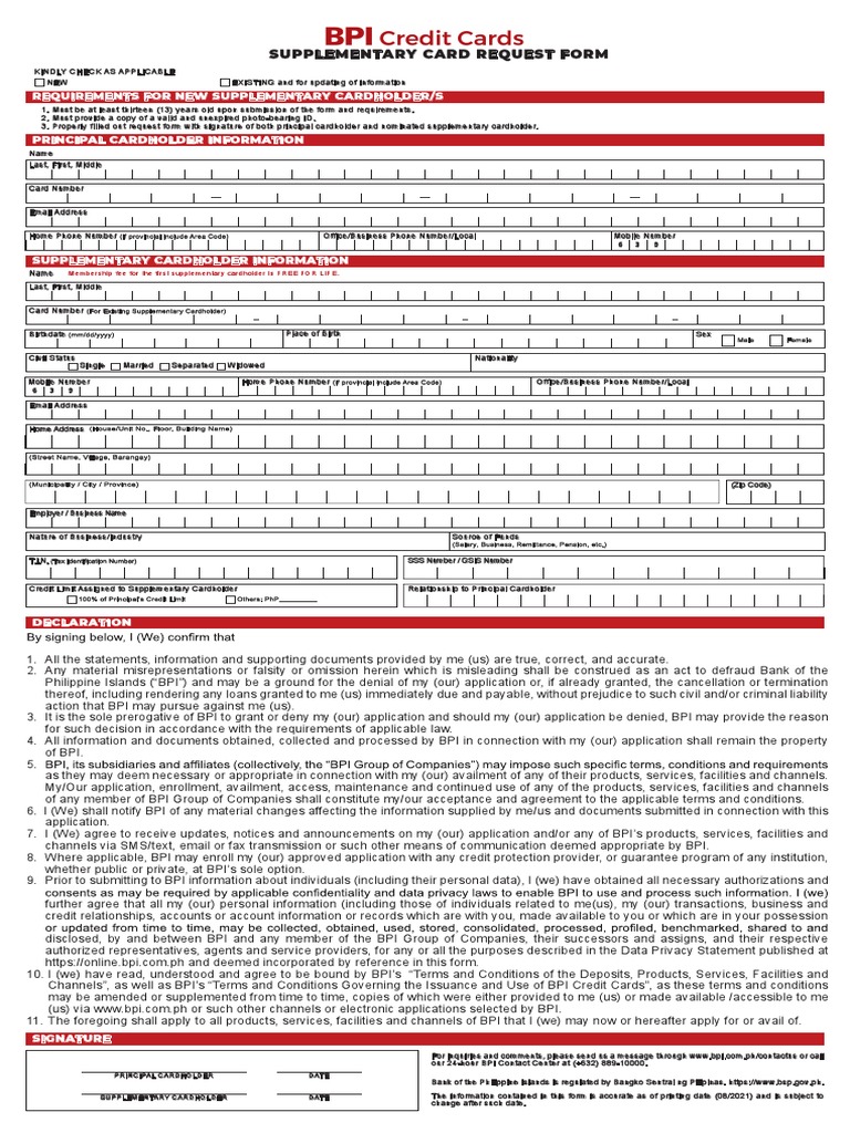Supplementary Card Request Form: Requirements For New Supplementary Cardholder/S | PDF ...