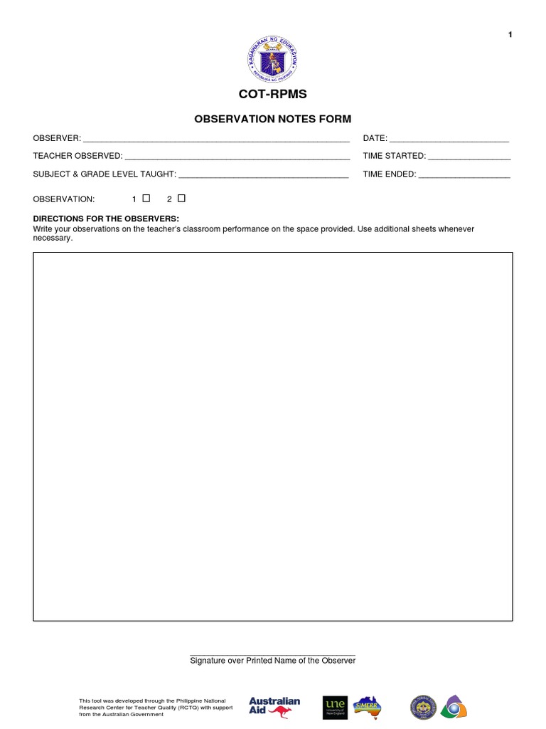 Appendix 3E COT RPMS Observation Notes Form | PDF