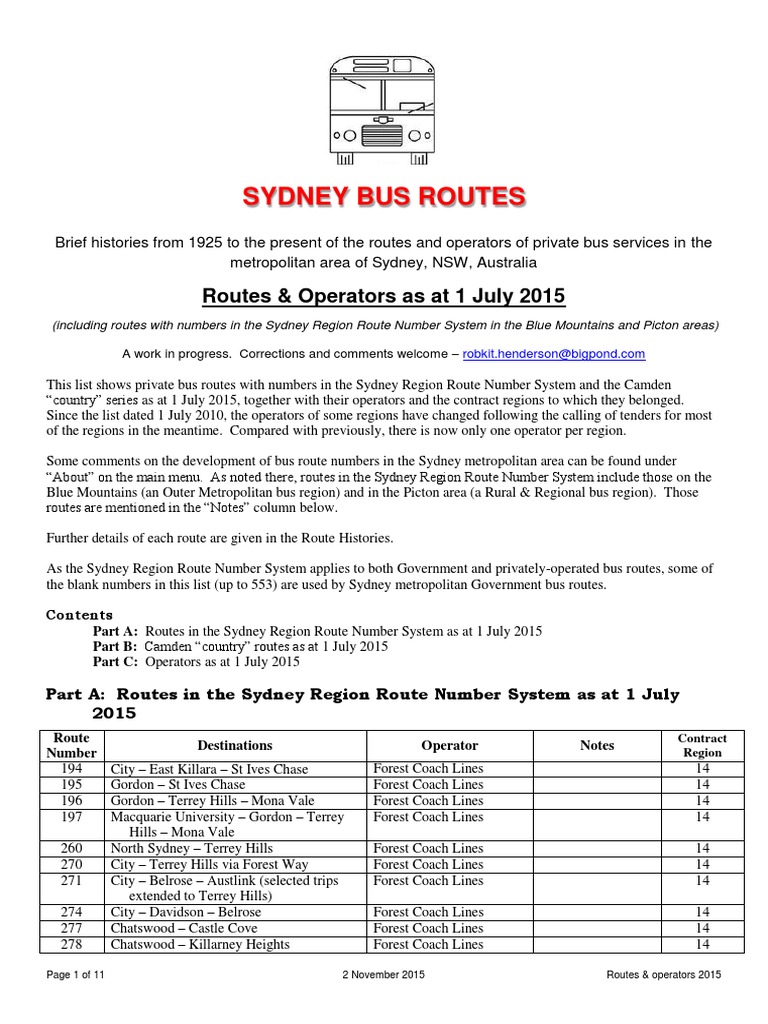 Sydney Bus Routes: Routes & Operators As at 1 July 2015 | PDF | New ...