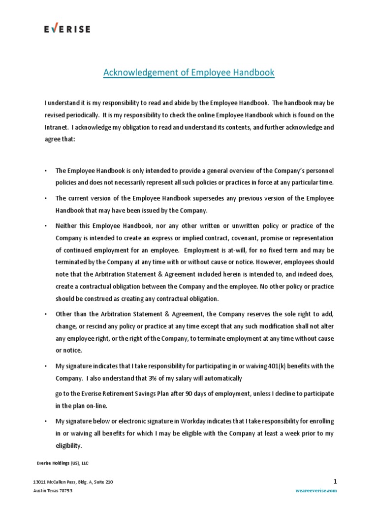 Employee Handbook Acknowledgment Form | PDF | Employment | At Will ...