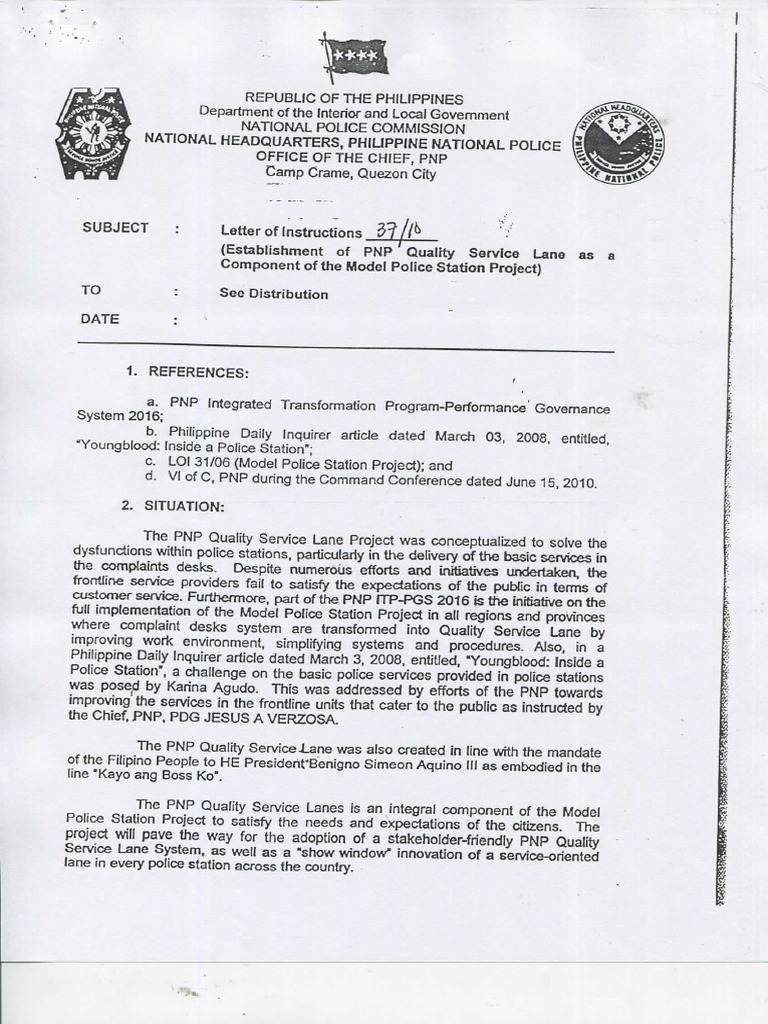 LOI 37-10 Establishment of PNP Quality Service Lane As A Component of ...
