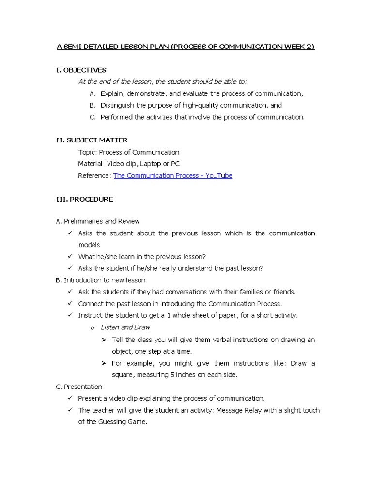 A SEMI DETAILED LESSON PLAN (PROCESS OF COMMUNICATION WEEK 2) | PDF ...