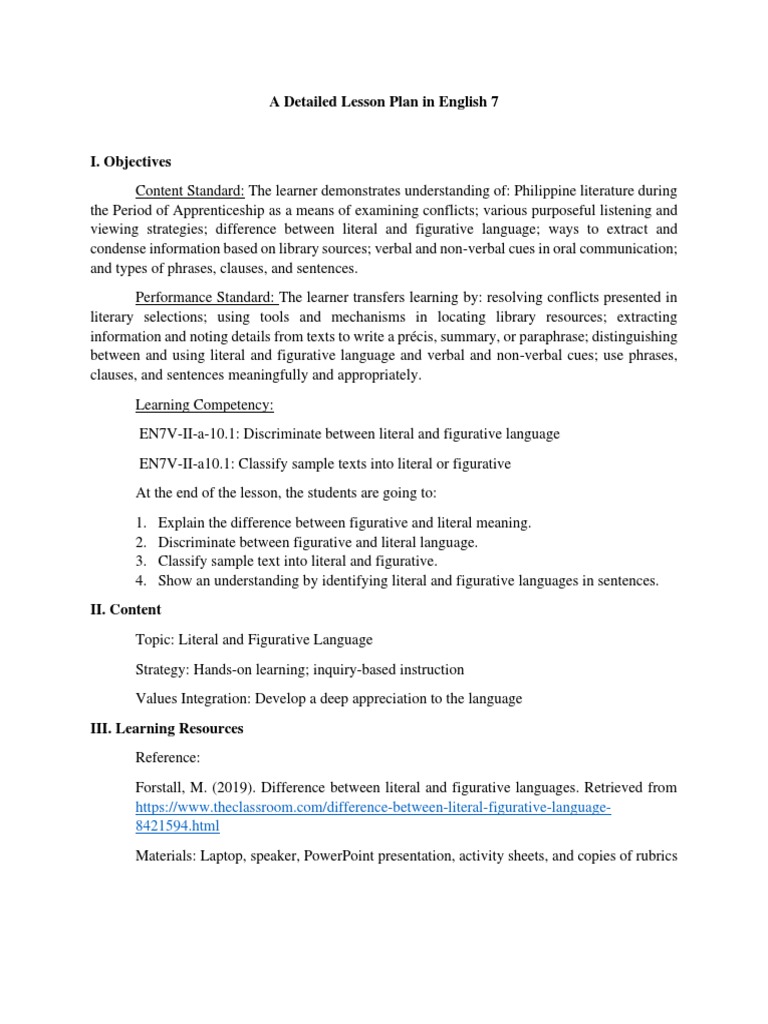 Lesson Plan: Literal vs. Figurative Language | PDF | Learning | Lesson Plan
