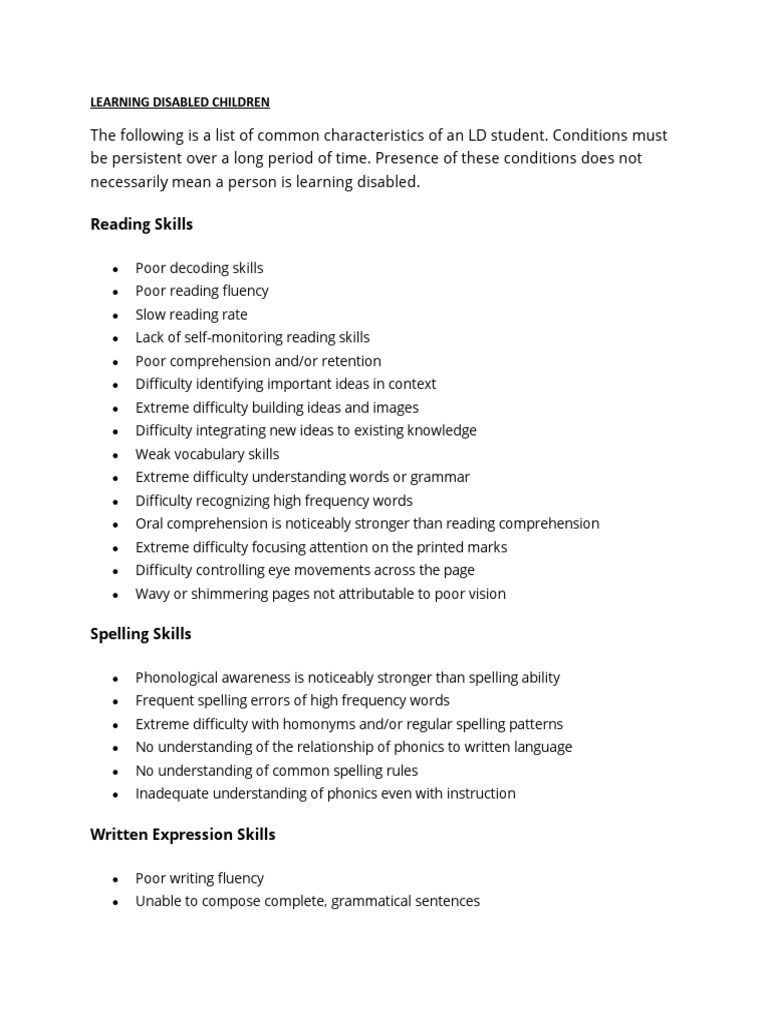 Learning Disabled and Slow Learners Characteristics | PDF | Learning ...