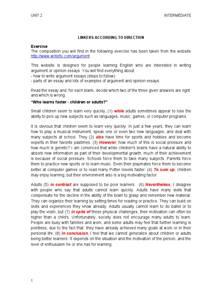 Unit 2 Academic Writing Linkers KEY | PDF | Learning | Essays