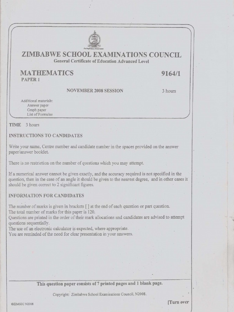 Zimsec November 2008 A Level Maths Paper 1 | PDF