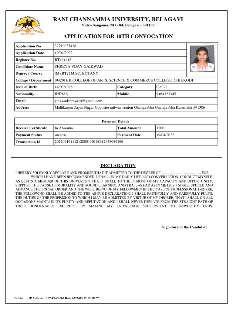 Rani Channamma University, Belagavi: Application For 10Th Convocation | PDF