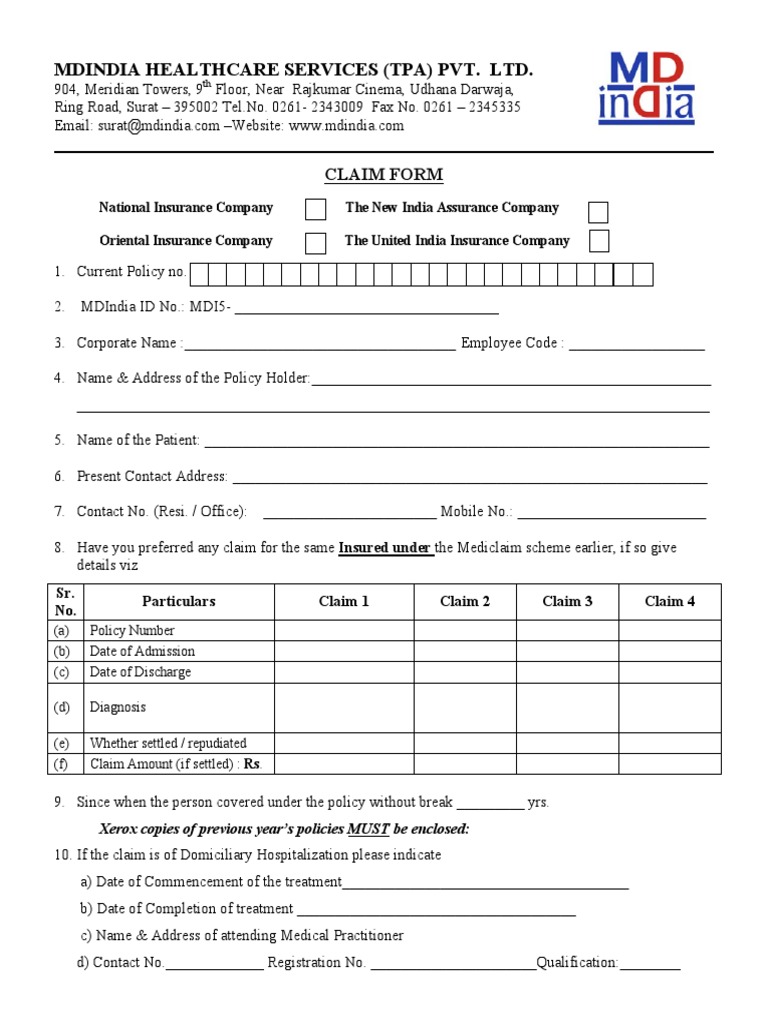 Mdindia Healthcare Services (Tpa) Pvt. LTD.: Claim Form | PDF ...