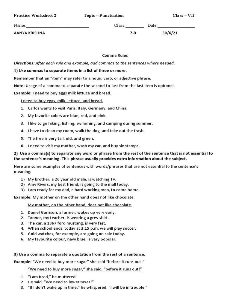 Directions: After Each Rule and Example, Add Commas To The Sentences ...