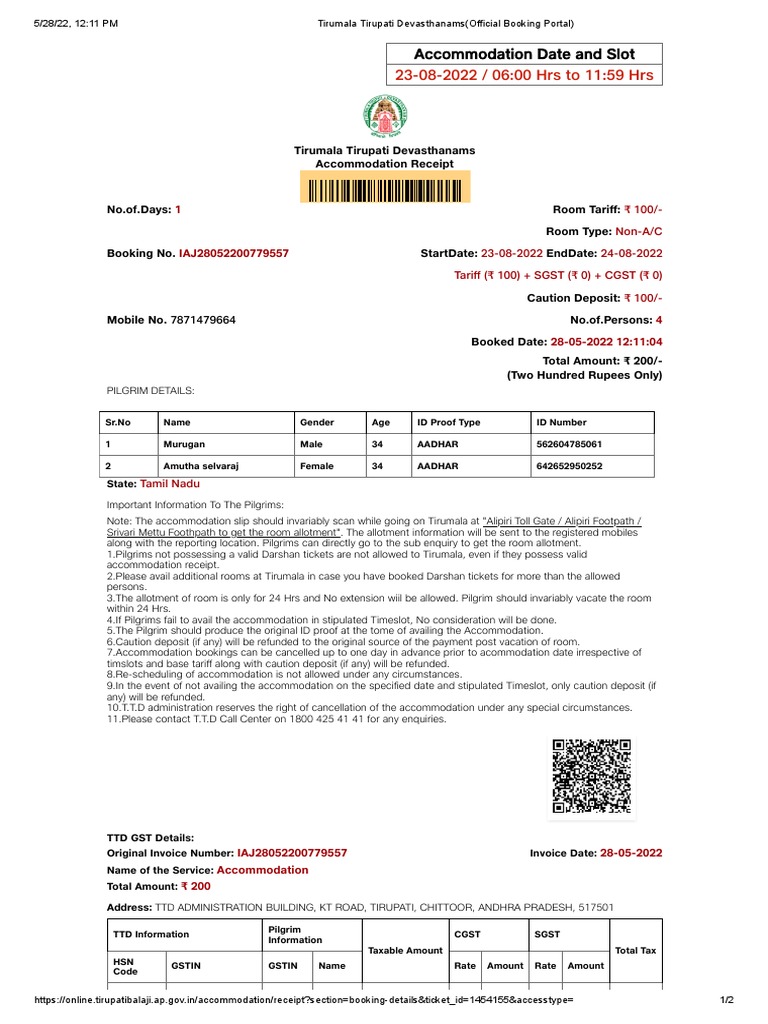 Tirumala Accommodation Receipt Details | PDF | Government Finances | Taxes