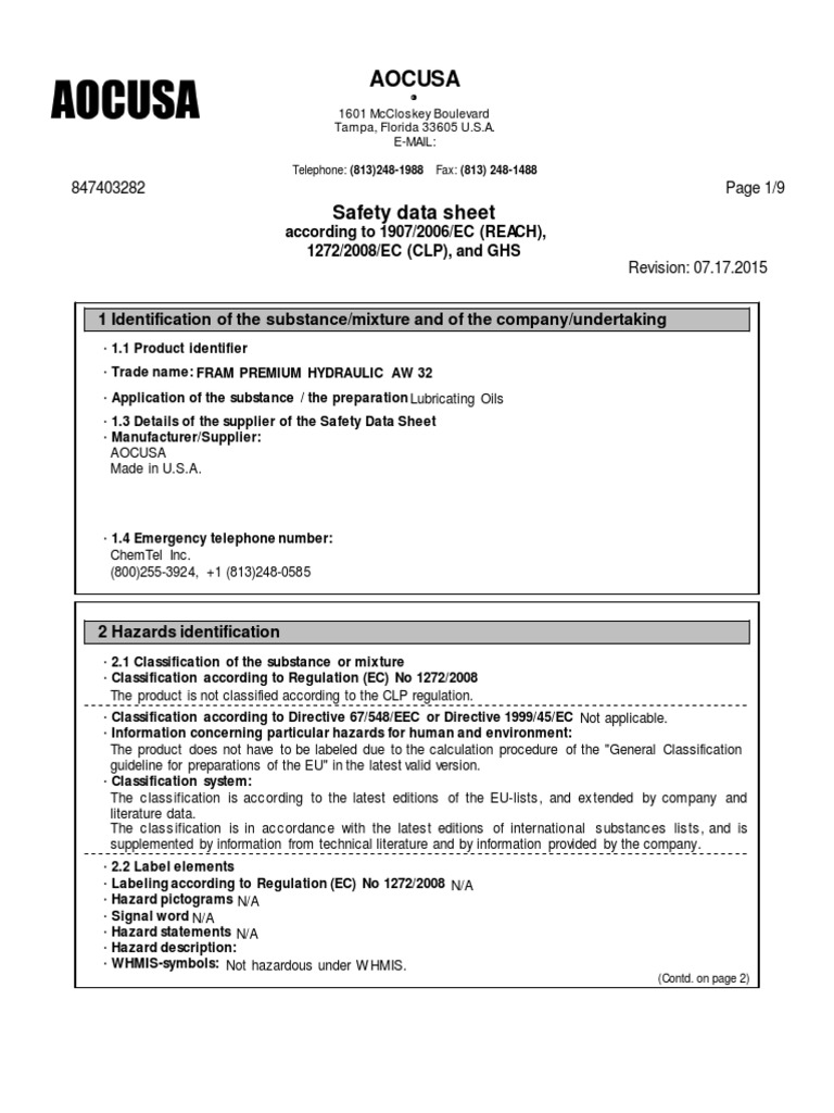 Fram AW32 Hydr Fluid SDS 7-17-15 | PDF | Occupational Safety And Health ...