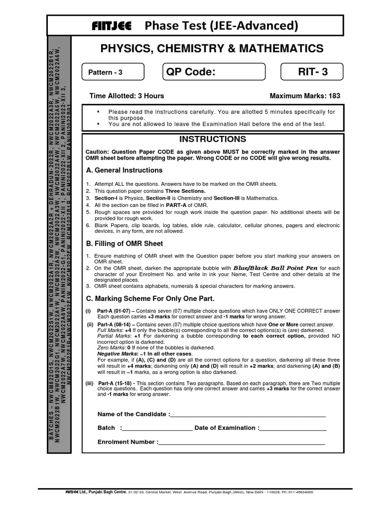 FIITJEE - Phase Test (JEE-Advanced) : Physics, Chemistry & Mathematics ...
