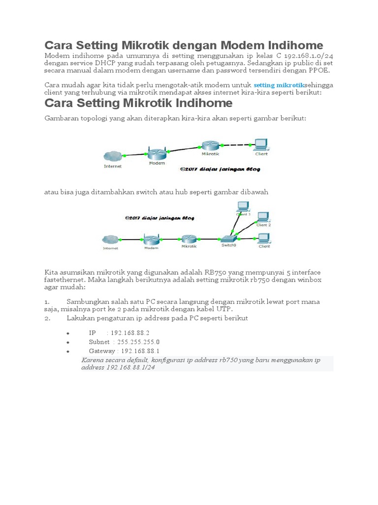 Cara Setting Mikrotik Dengan Modem Indihome | PDF