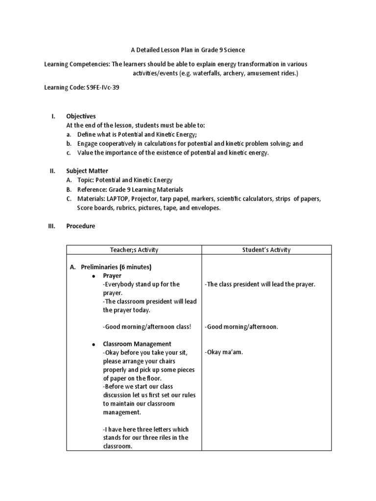A Detailed Lesson Plan in Grade 9 ENERGY | PDF | Kinetic Energy ...