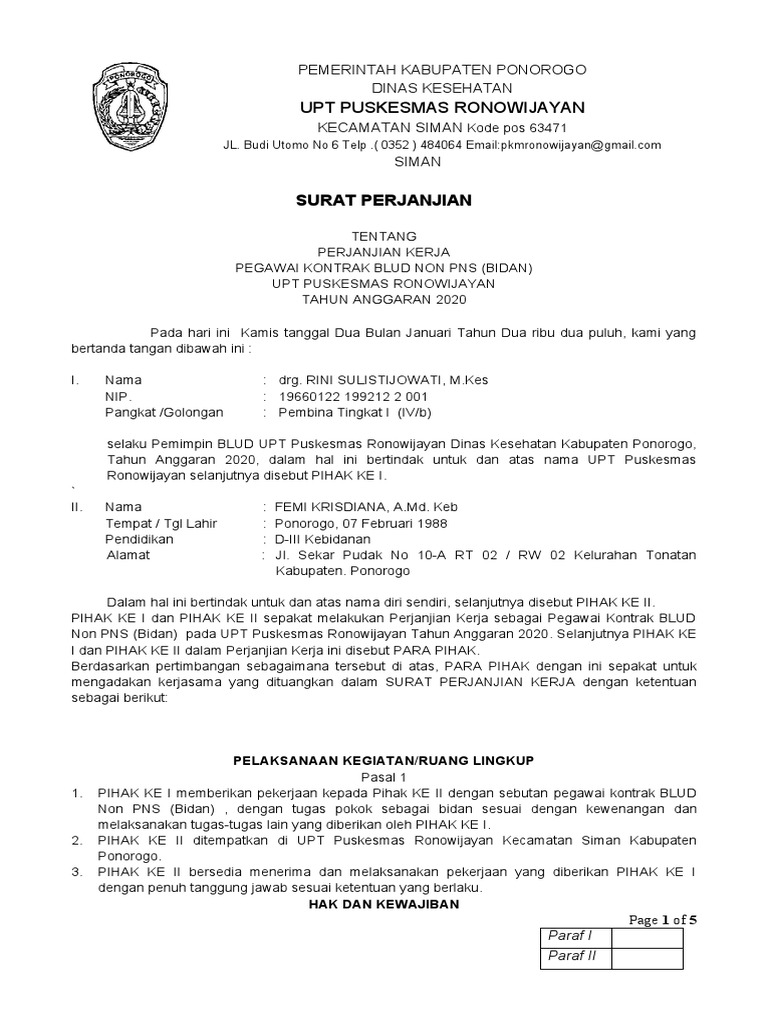 Contoh Surat Perjanjian Blud Pusk Docxponorogo | PDF