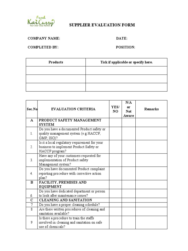 Supplier Evaluation Form: Company Name: Date: Completed By: Position ...