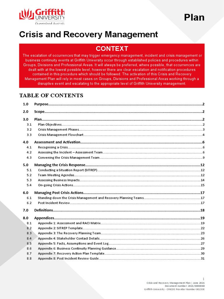 Griffith University Crisis Recovery Plan | PDF | Crisis Management ...
