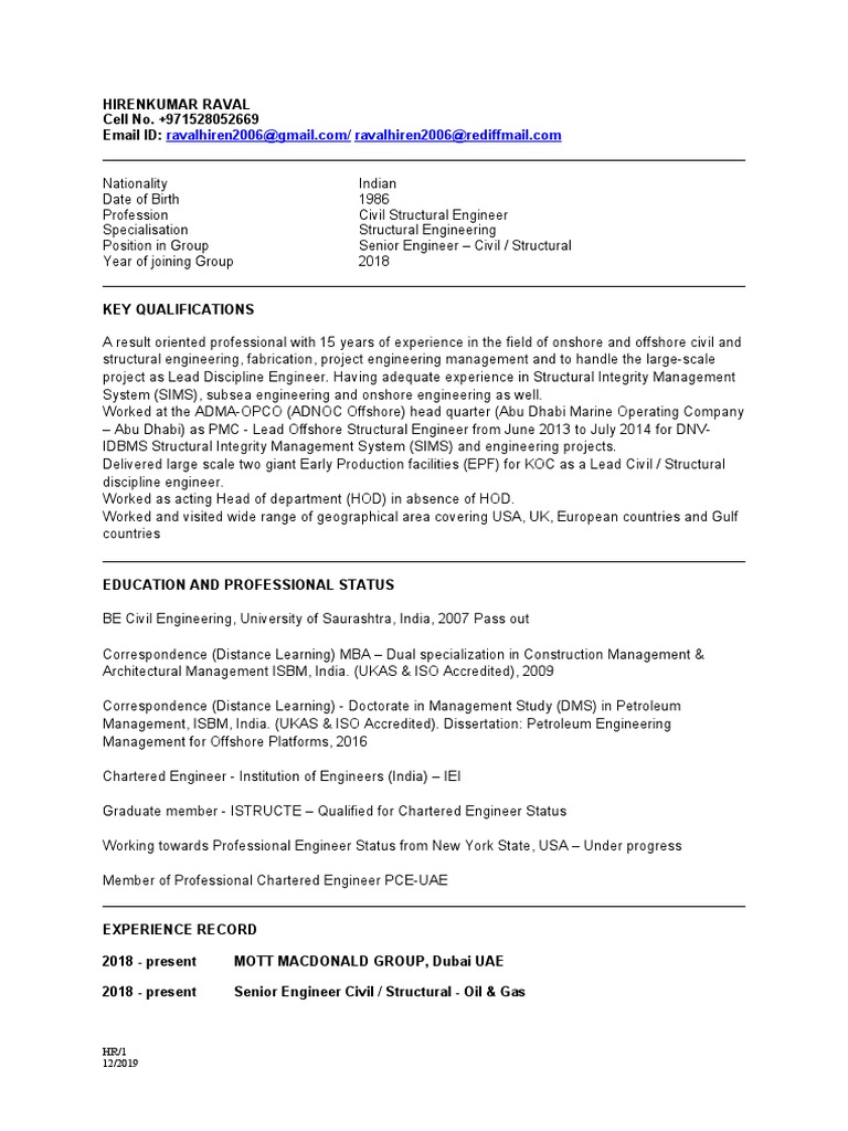 CV - Structural Engineer - Hirenkumar Raval | PDF | Offshore Drilling ...