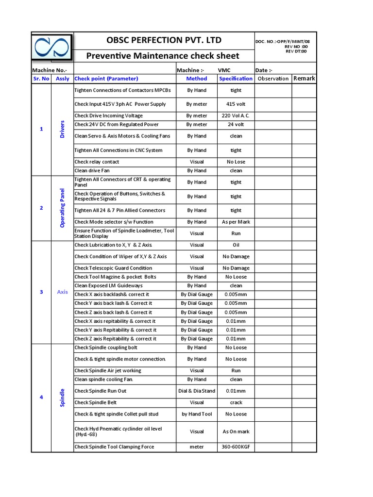 F Mint 08 Preventive, Maintenance Check Sheet | PDF | Numerical Control ...