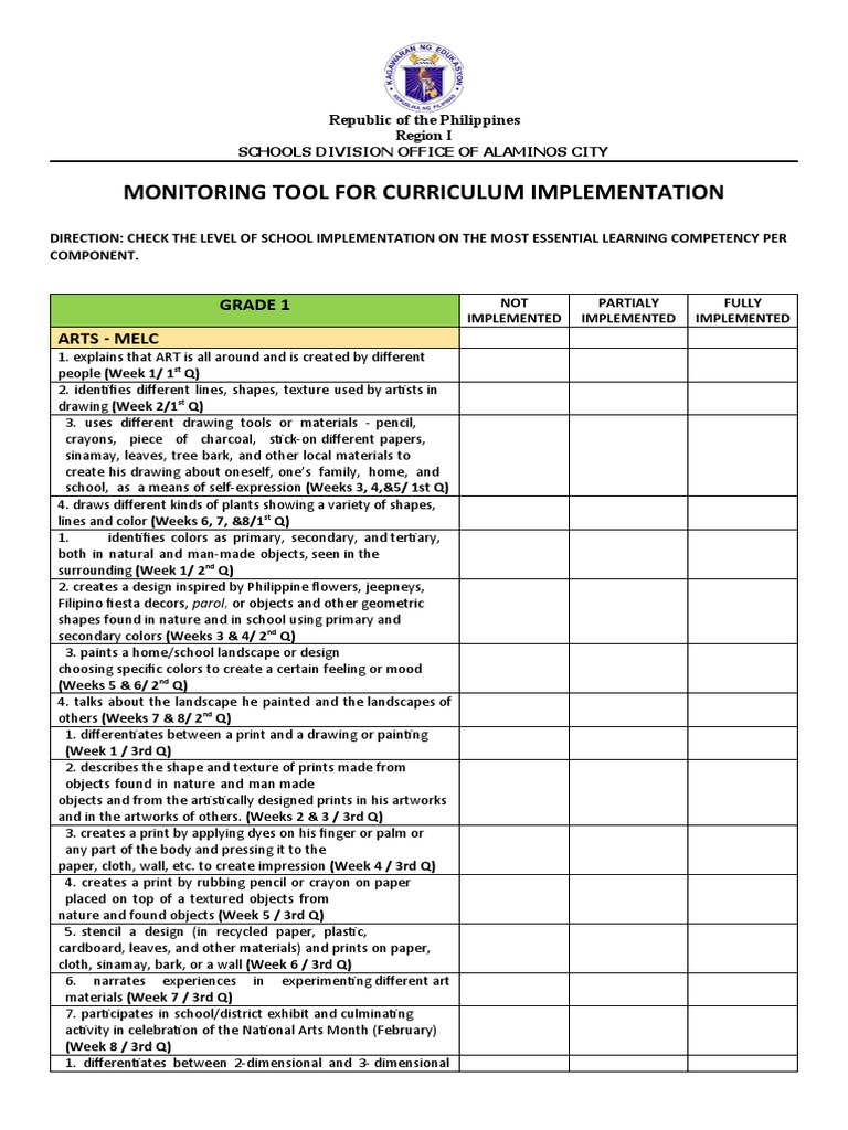 Monitoring Tool For Curriculum Implementation: Grade 1 Arts - Melc ...