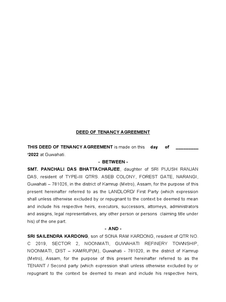 Deed of Tenancy Agreement Ashu | PDF | Leasehold Estate | Landlord