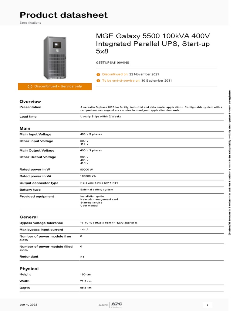 Product Datasheet: MGE Galaxy 5500 100kVA 400V Integrated Parallel UPS ...