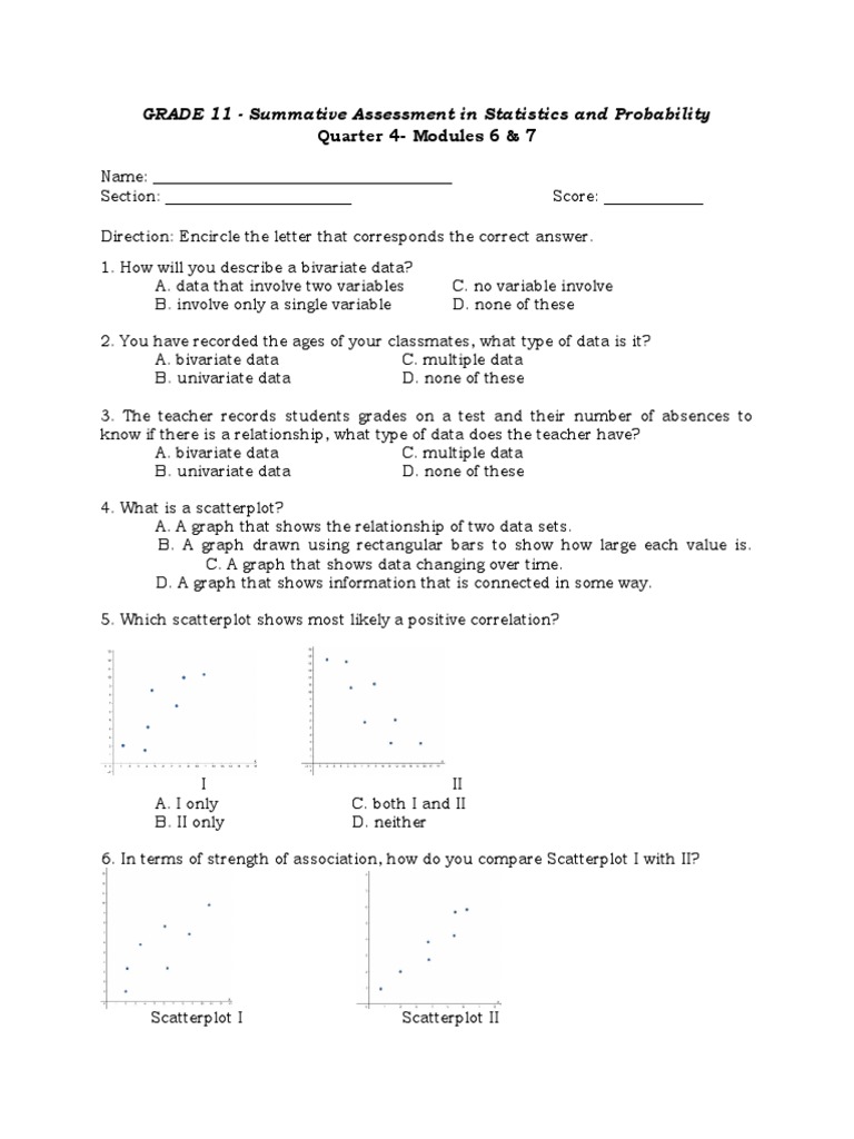 Grade 11 Statistics & Probability Assessment | PDF | Regression ...