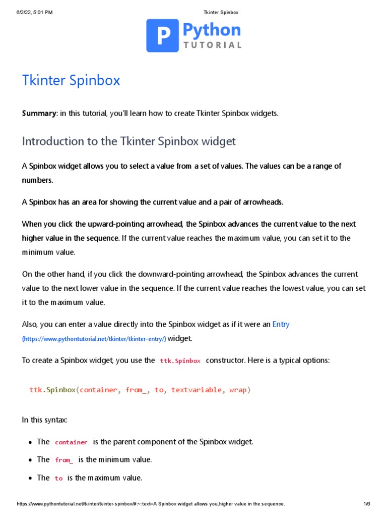 Introduction To The Tkinter Spinbox Widget | PDF | Programming ...