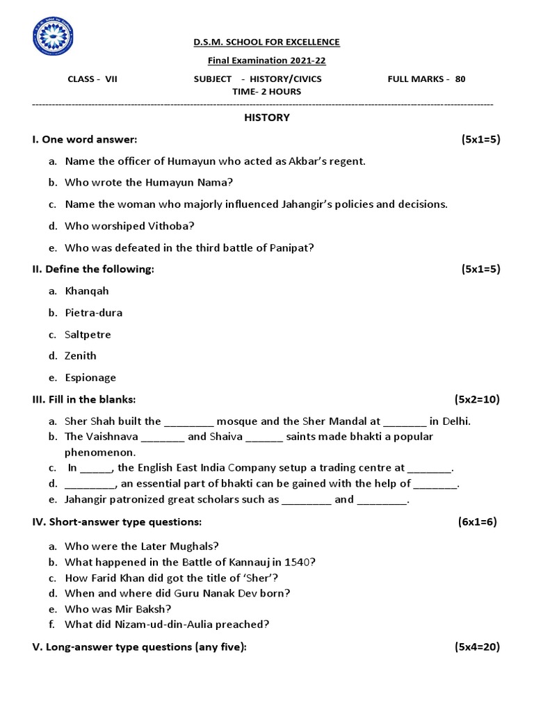 STD-7 History Question Paper | PDF