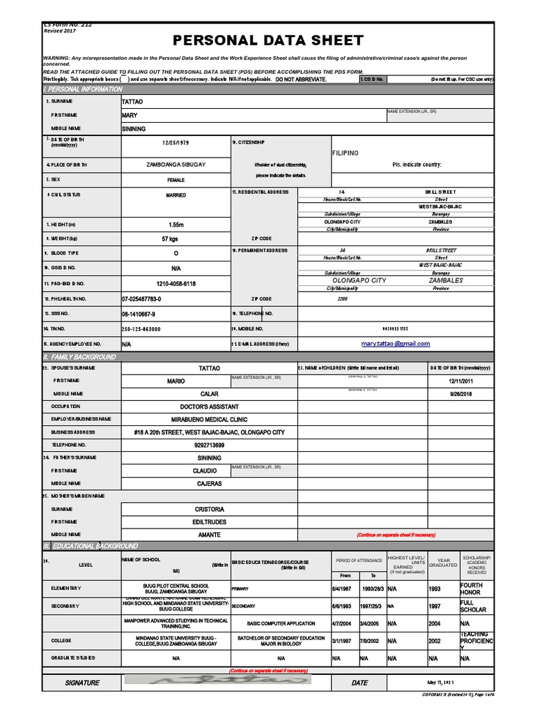 CS Form No. 212 Personal Data Sheet Revised | PDF