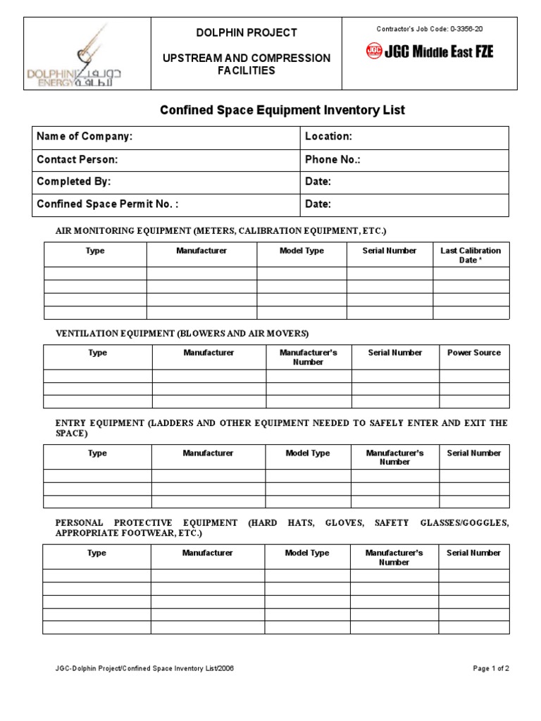 Confined Space Equipment Inventory List for Dolphin Project Upstream and Compression Facilities ...