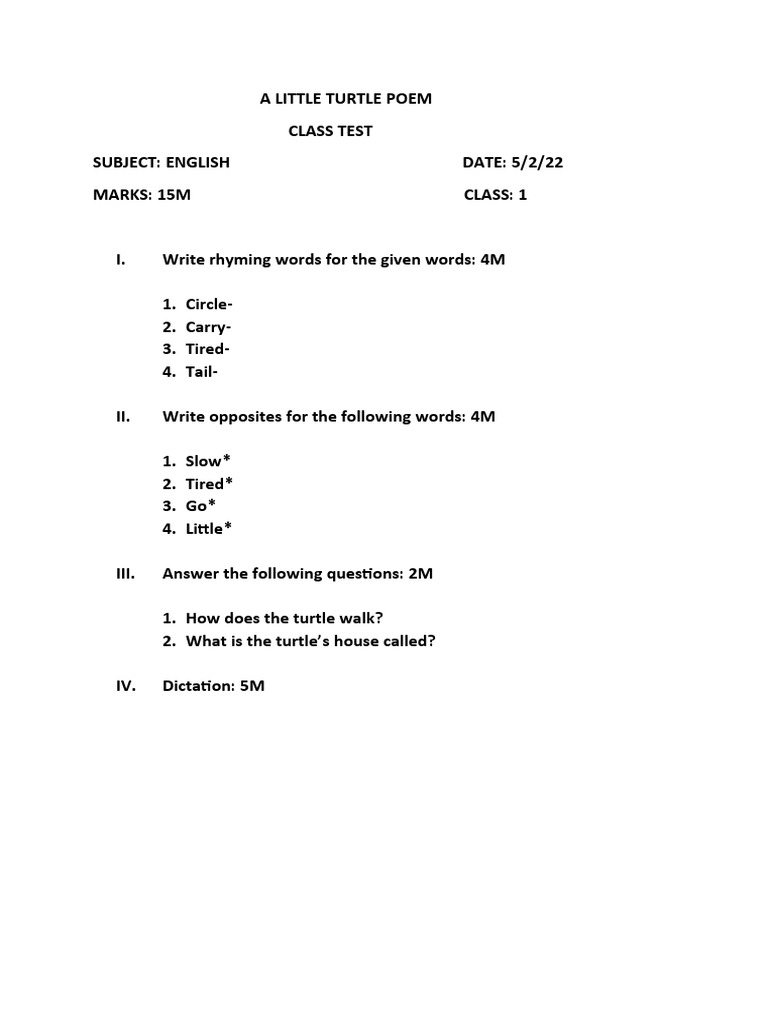 A Little Turtle Poem Class Test | PDF | Language Arts & Discipline