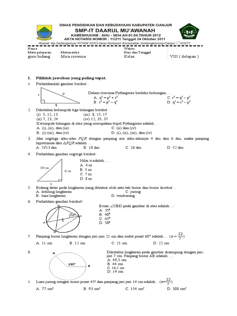 Soal MTK Kelas 8 PAT 2022 | PDF